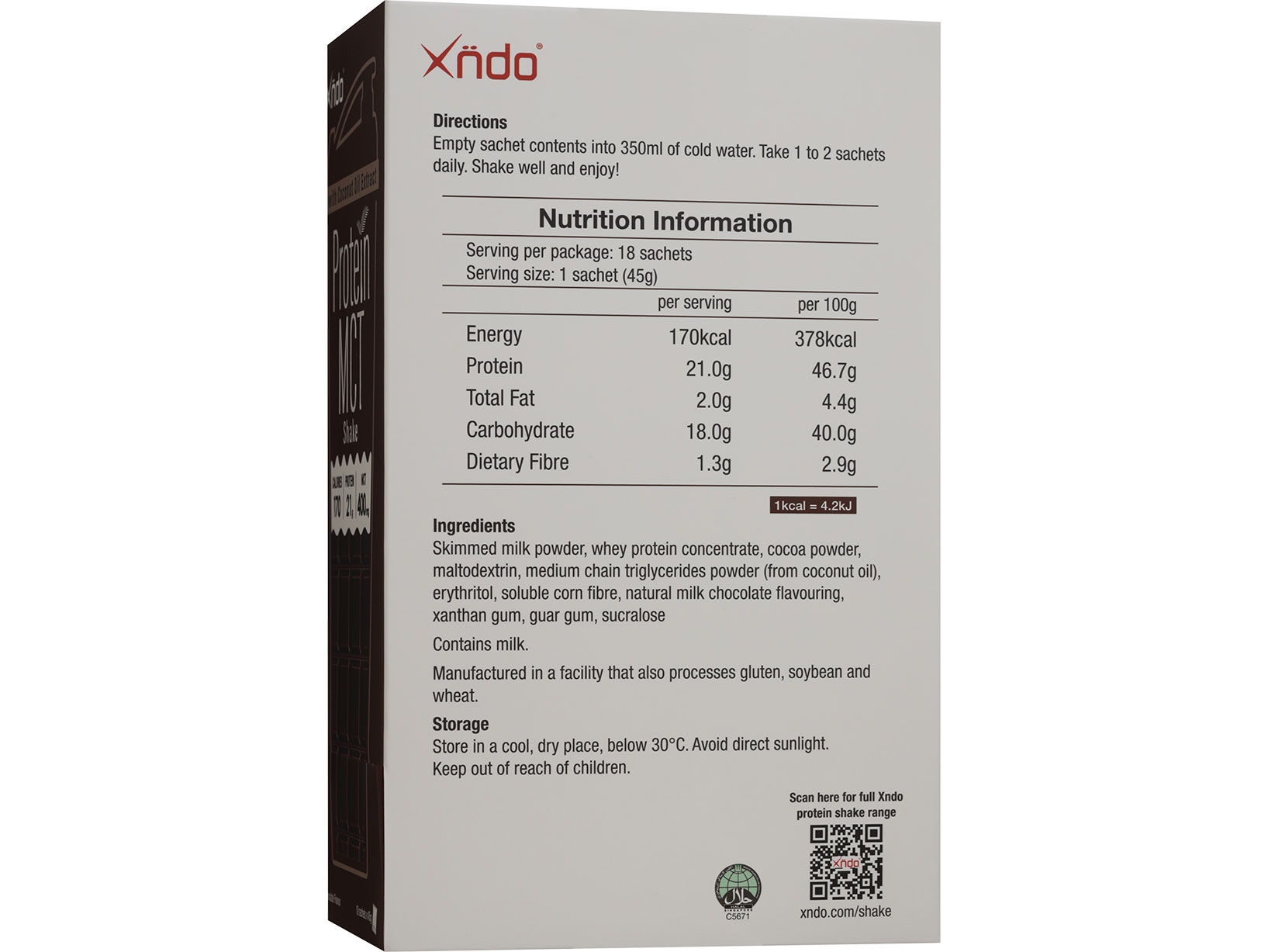XNDO PROTEIN MCT SHAKE CHOCOLATE 45G x 18 SACHETS | Slimming & Fitness ...